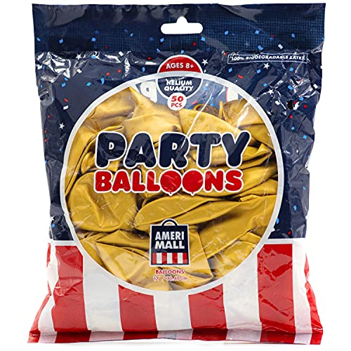 Amerimall Party Balloon, 12 Inches Solid Metallic Color, 100% Biodegradable Latex Balloons, 50-Pack, Gold
