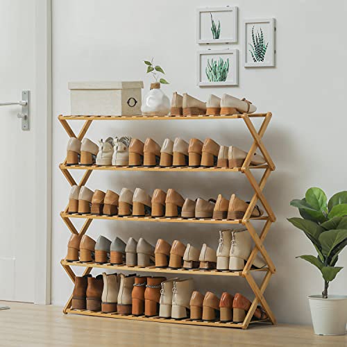 MoNiBloom Bamboo 5-Tier Wide Shoe Organizer Shelf, Stackable Shoes Shelf Storage Organize Installation-Free for Entryway, Hallway, Bedroom, Natural