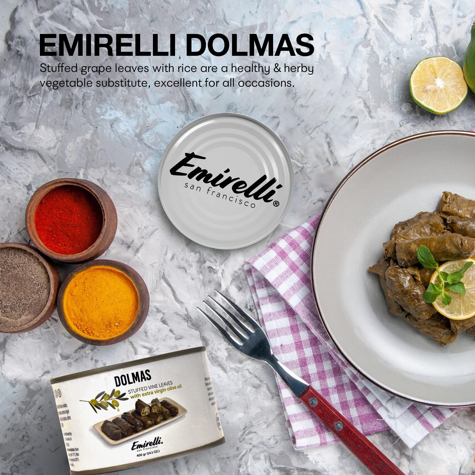 Emirelli Dolmas Stuffed Grape Leaves with Rice, Mediterranean Herbs in Extra Virgin Olive Oil β Super Tasty Ready to Eat Vegan Rolls - Traditional Turkish Recipe β Dolmades Can