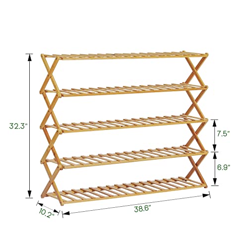 MoNiBloom Bamboo 5-Tier Wide Shoe Organizer Shelf, Stackable Shoes Shelf Storage Organize Installation-Free for Entryway, Hallway, Bedroom, Natural