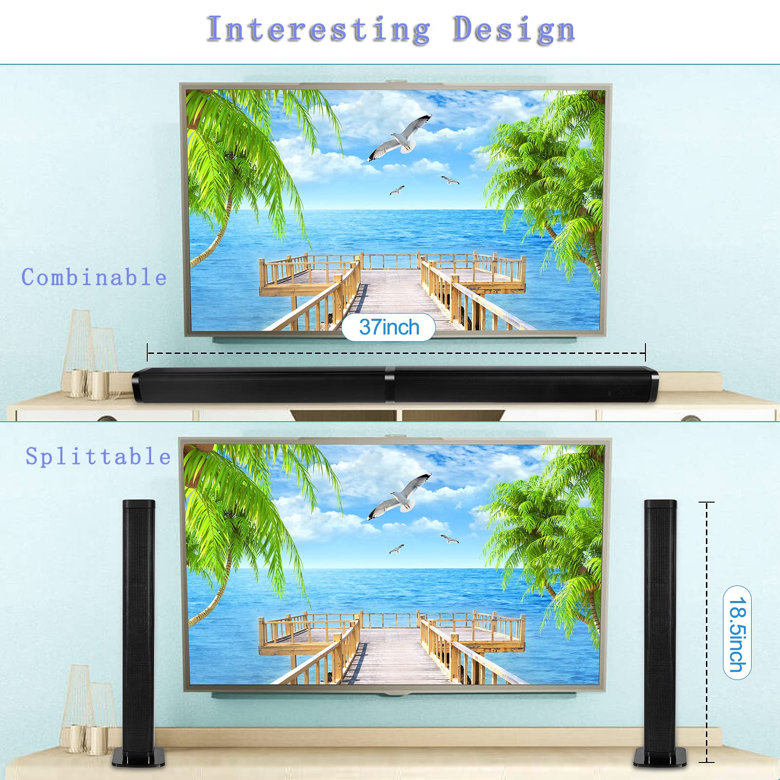 NA TV Sound bar, Bluetooth soundbar Speaker for tv with Surround Sound Home Theater System combinable Desgin, 4 Driver Speakers,tv/pc/Phone/Tablet Connection Remote Control,Wall Mountable