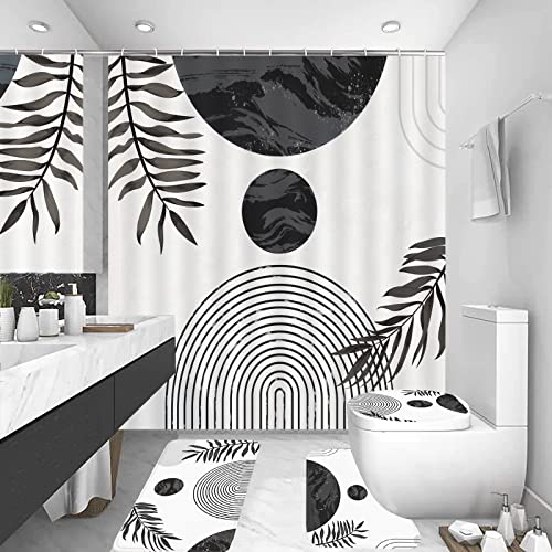 ZYLLGLOW Mid Century Modern Shower Curtain Brown Mid Boho Shower Curtain Set with Rugs, Abstract Black Bathroom Decor Accessories Bathroom Set with Shower Curtain and Rugs Curtain Set