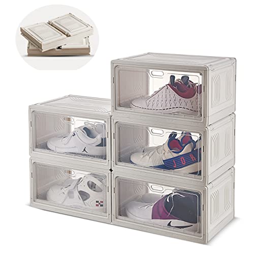 Shoe Organizer,Shoe Storage Boxes with Magnetic Door,Foldable Shoe Storage,Closet Organizers and Storage,Shoe Rack for Closet,Containers Bins Holders for Display Sneaker (White-3 Pack)