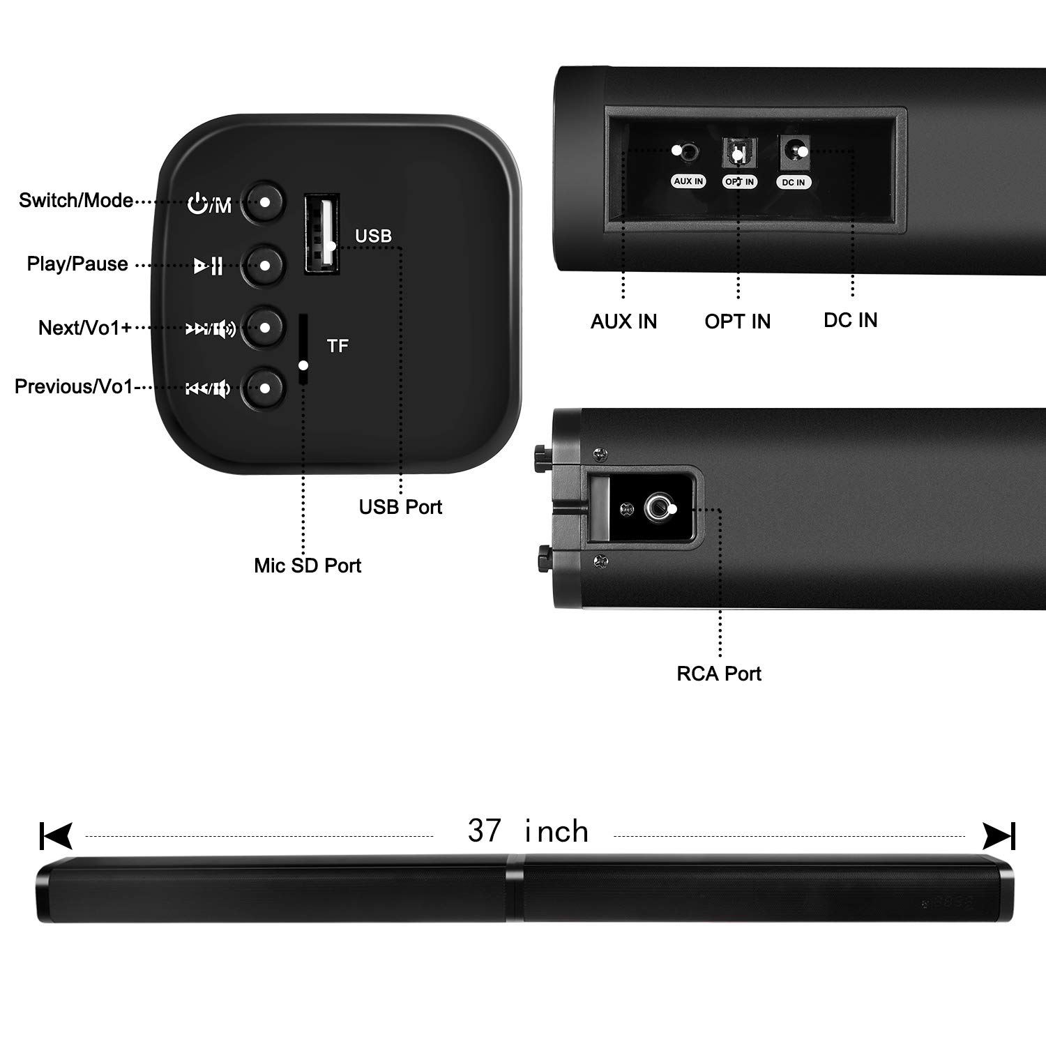 NA TV Sound bar, Bluetooth soundbar Speaker for tv with Surround Sound Home Theater System combinable Desgin, 4 Driver Speakers,tv/pc/Phone/Tablet Connection Remote Control,Wall Mountable