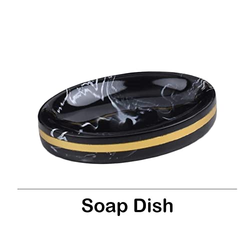 5-Piece Bathroom Counter Top Accessory Set - Dispenser for Liquid Soap or Lotion, Soap Dish, 2 Tumblers and Toothbrush Holder, Marble Pattern Resin (Classic Black)
