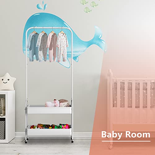 HIDODO White Clothing Rack, Portable Garment Rack Rolling Clothes Organizer with 2 Tier Metal Baskets, Laundry Cart with Hanging Rack, Small Wardrobe Rack on Wheels for Bedroom, Laundry and Entryway