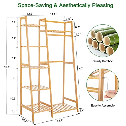 Jotsport Bamboo Clothes Rack with 7 Tier Storage Shelves Clothing Hanging Stand for Small Spaces Children's Wardrobe Closet, Multifunctional Plant Stand