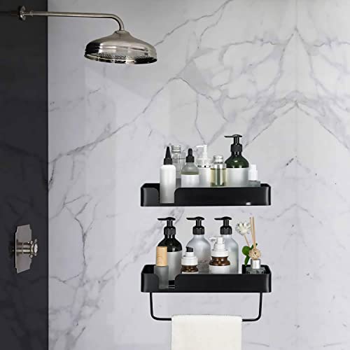 ABOKA Shower Caddy Basket Shelf For Bathroom 2-Pack with Hooks & Towel Bar Adhesive Shower Organizer Storage Wall Mounted, Mate Black