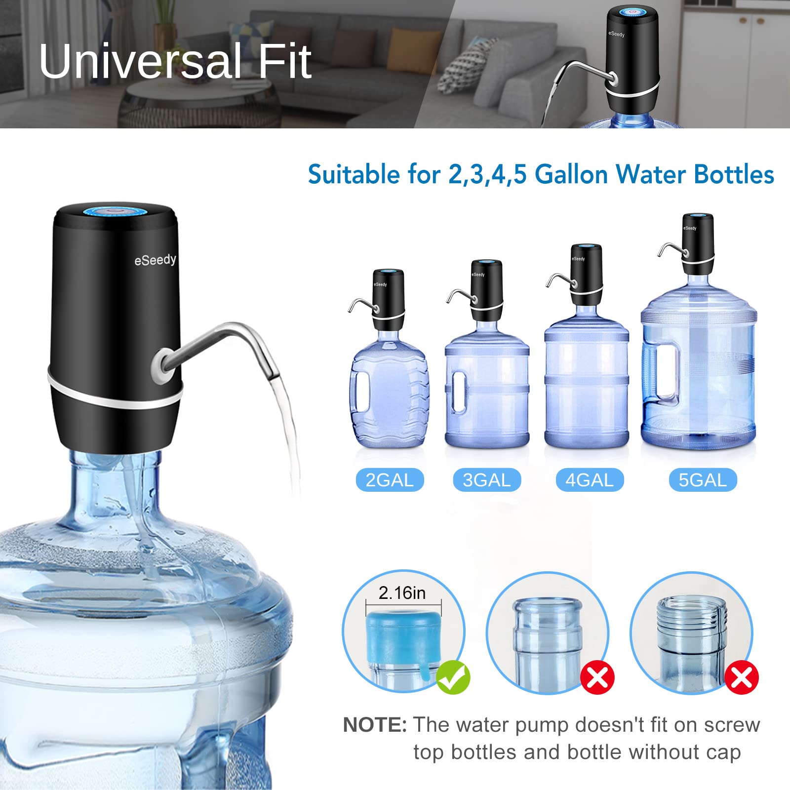 eSeedy Electric Water Pump, Automatic Drinking Water Dispenser for 5 Gallon Water Bottle, Portable Water Dispenser with Rechargeable Batteries and USB Charging for 5 Gallon Water Jugs
