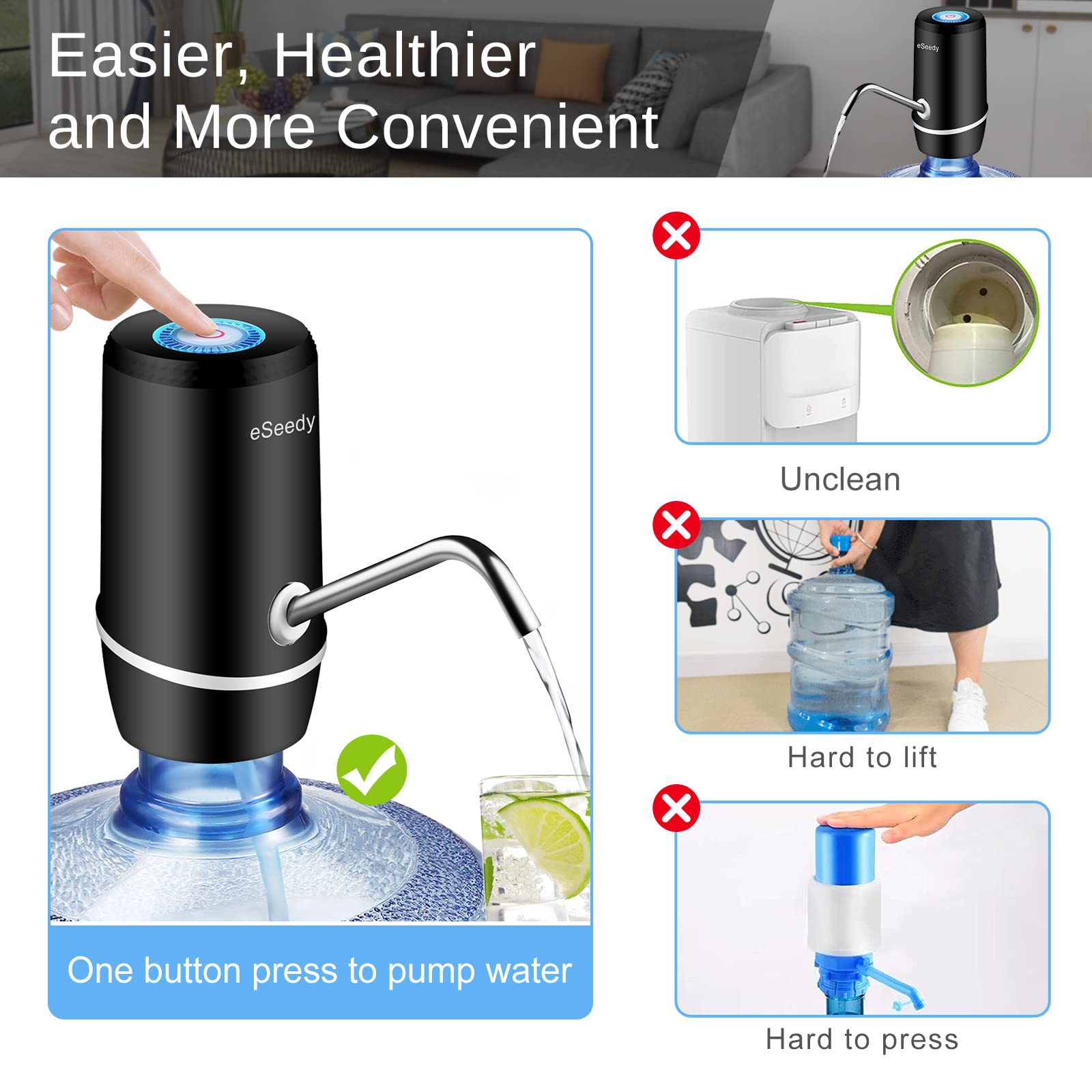 eSeedy Electric Water Pump, Automatic Drinking Water Dispenser for 5 Gallon Water Bottle, Portable Water Dispenser with Rechargeable Batteries and USB Charging for 5 Gallon Water Jugs