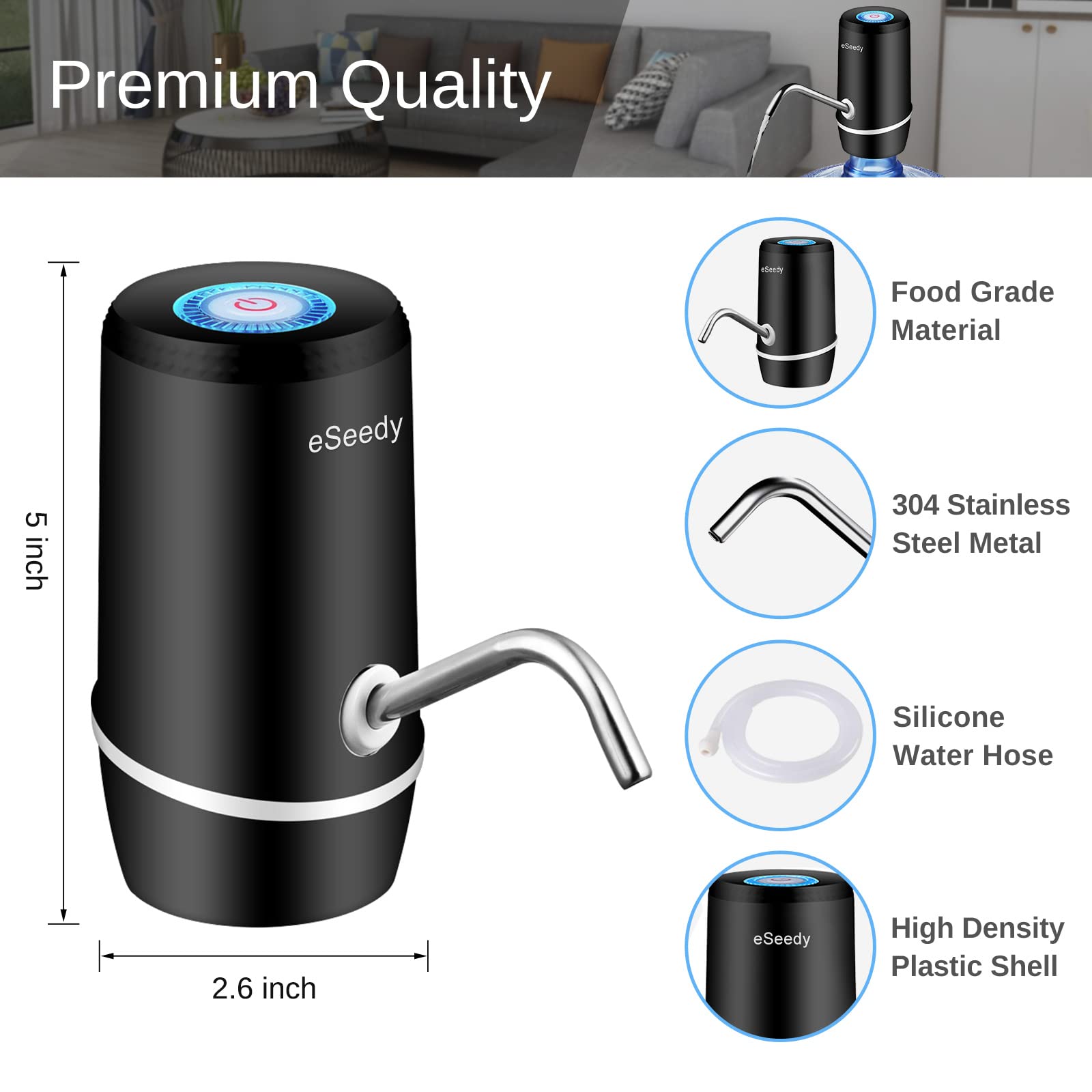 eSeedy Electric Water Pump, Automatic Drinking Water Dispenser for 5 Gallon Water Bottle, Portable Water Dispenser with Rechargeable Batteries and USB Charging for 5 Gallon Water Jugs