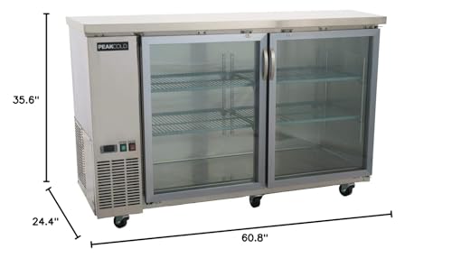 PEAKCOLD 2 Glass Door Commercial Back Bar Cooler; Stainless Steel Under Counter Refrigerator; 60" W