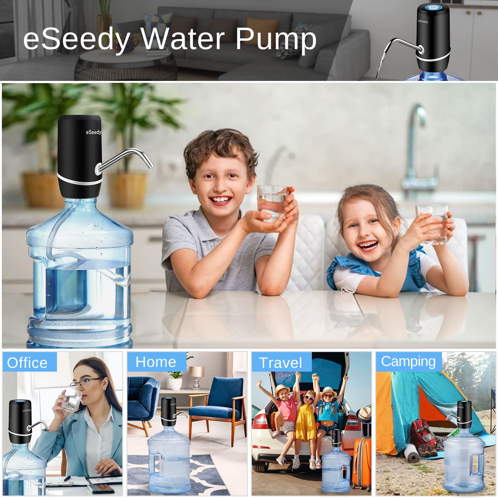 eSeedy Electric Water Pump, Automatic Drinking Water Dispenser for 5 Gallon Water Bottle, Portable Water Dispenser with Rechargeable Batteries and USB Charging for 5 Gallon Water Jugs