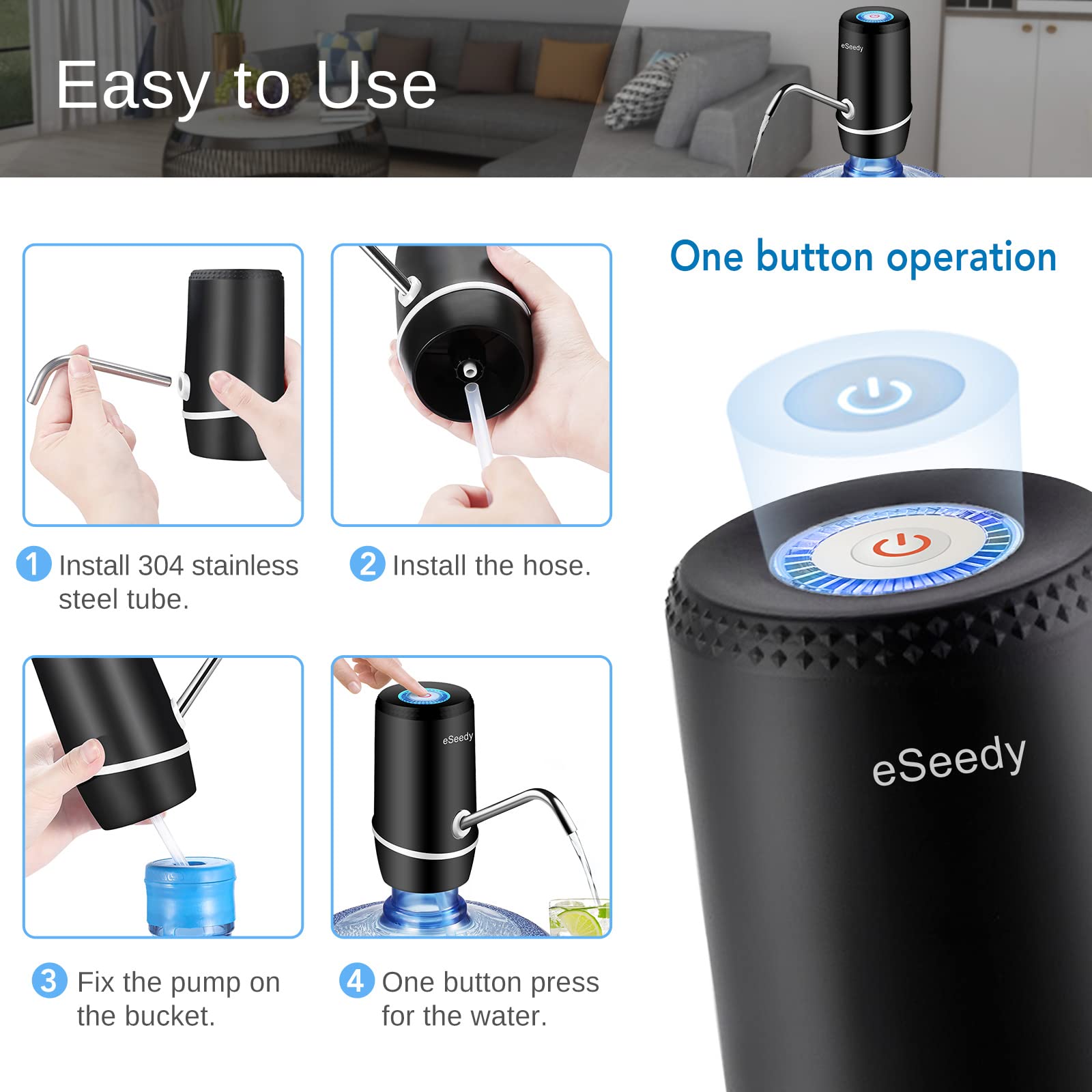 eSeedy Electric Water Pump, Automatic Drinking Water Dispenser for 5 Gallon Water Bottle, Portable Water Dispenser with Rechargeable Batteries and USB Charging for 5 Gallon Water Jugs