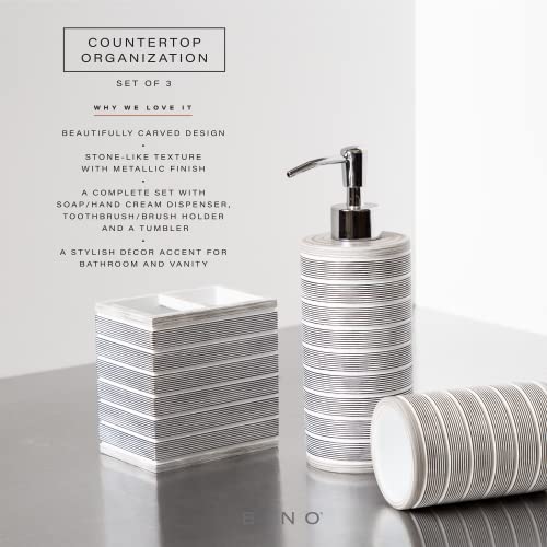 BINO Bathroom Accessories Set - Grey | Soap Dispenser | Toothbrush Holder | Tumbler | 3-Piece Bathroom Organizer Countertop Set | Bathroom Decor | Home Decor | Bathroom Set