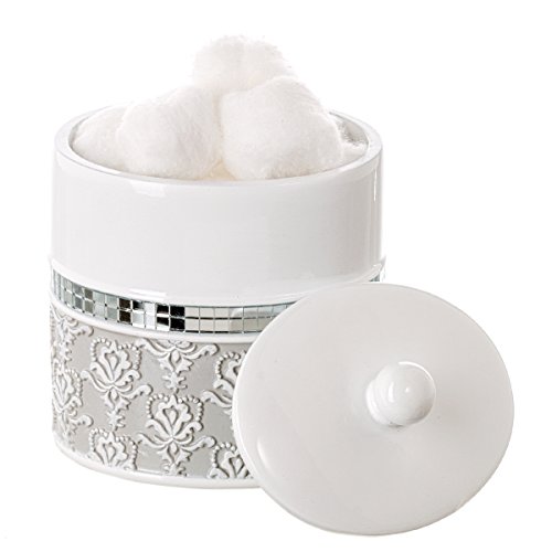Creative Scents Mirror Damask Qtip Holder - Decorative Canister Jar, Durable Cotton Swab Ball Holder/Container - Beautiful Bathroom Vanity Accessories, Elegant Bath Accessories Storage (Gray & White)