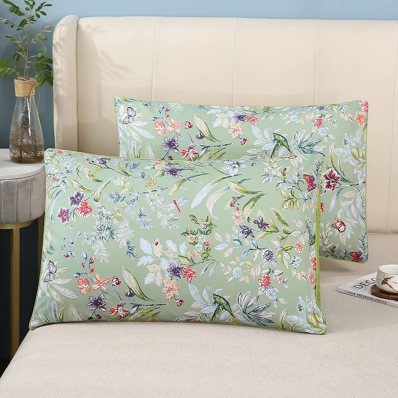 YOU SA Vintage Floral Butterfly Pattern Pillowcases Cotton Decorative Pillow Covers Soft Pillow Cover Set of 2(Standard,Color-4)
