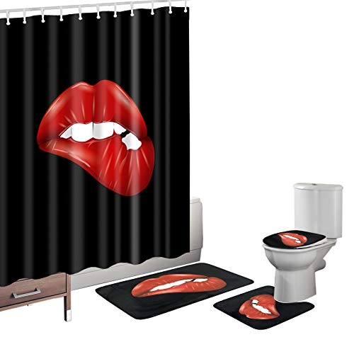 Amagical Sexy Decor Red and Black Bathroom Decoration 16 Piece Bathroom Mat Set Shower Curtain Set Woman Red Lips Print Bath Mat Contour Mat Toilet Cover Fabric Shower Curtian with 12 Hooks