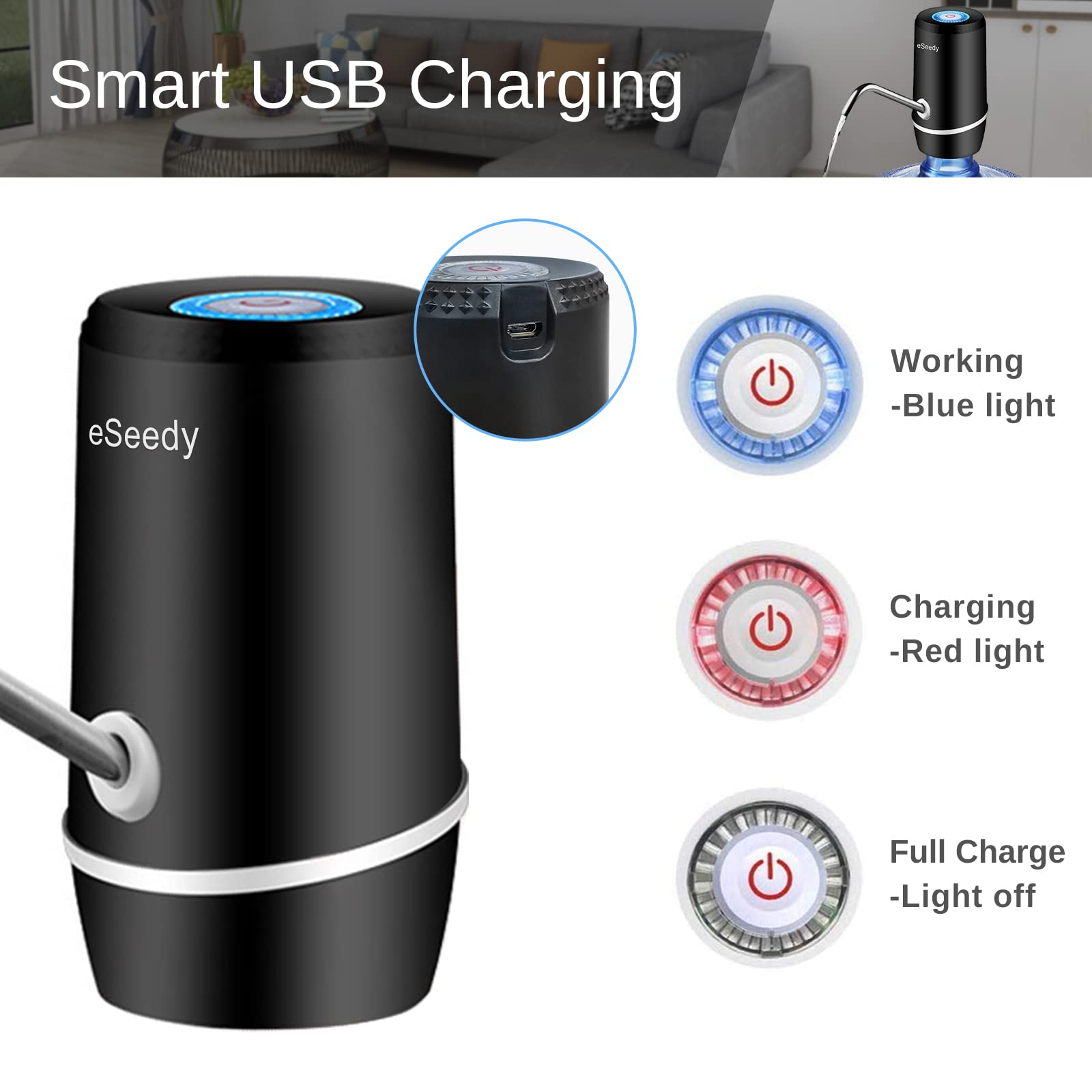 eSeedy Electric Water Pump, Automatic Drinking Water Dispenser for 5 Gallon Water Bottle, Portable Water Dispenser with Rechargeable Batteries and USB Charging for 5 Gallon Water Jugs