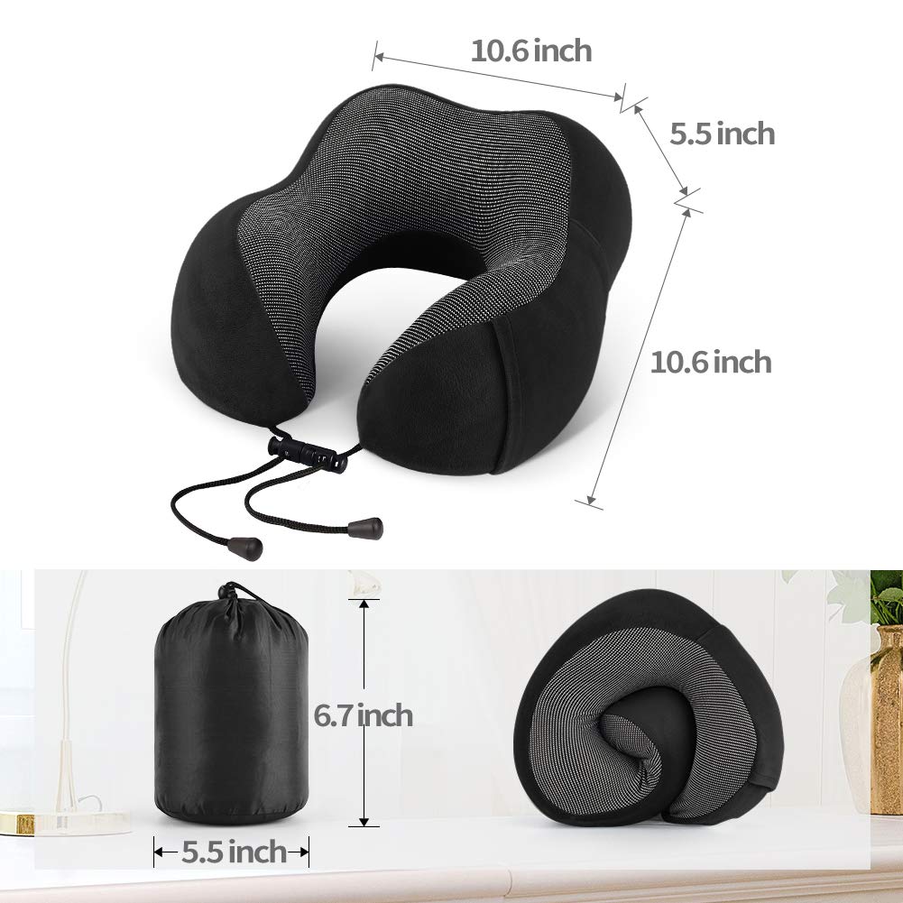 Emgthe Travel Pillow 100% Memory Foam Pillow, Neck Pillow for Airplane, Neck & Head Support Pillow for Sleeping Rest & Car, Travel Pillows Kit with Storage Bag, Sleep Mask and Earplugs Black