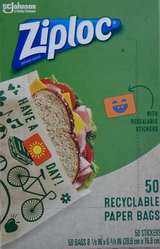 Ziploc Paper Sandwich and Snack Bags, Recyclable & Sealable with Fun Designs, 50 Bags Total