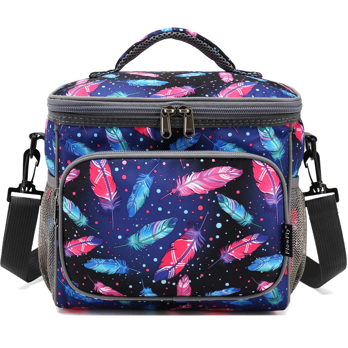 FlowFly Insulated Reusable Lunch Bag Adult Large Lunch Box for Women and Men with Adjustable Shoulder Strap,Front Zipper Pocket and Dual Large Mesh Side Pockets,Feather