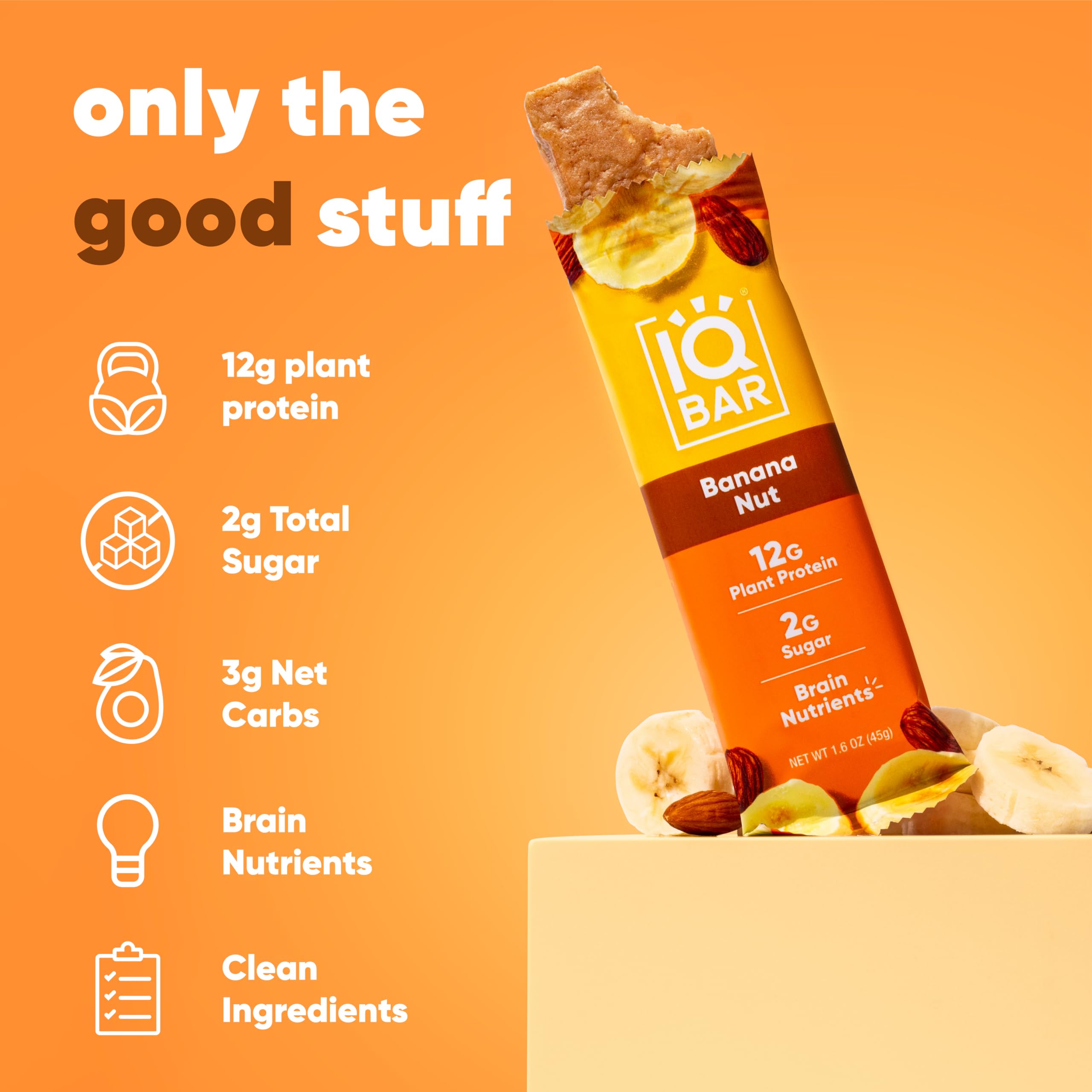 IQBAR Brain and Body Plant Protein Bars - Banana Nut - 12-Count Low Carb - Gluten Free, High Fiber, Vegan Snacks - Low Sugar Meal Replacement