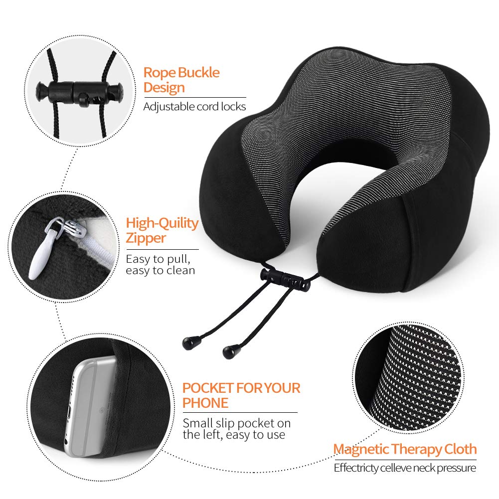 Emgthe Travel Pillow 100% Memory Foam Pillow, Neck Pillow for Airplane, Neck & Head Support Pillow for Sleeping Rest & Car, Travel Pillows Kit with Storage Bag, Sleep Mask and Earplugs Black