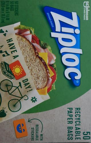 Ziploc Paper Sandwich and Snack Bags, Recyclable & Sealable with Fun Designs, 50 Bags Total