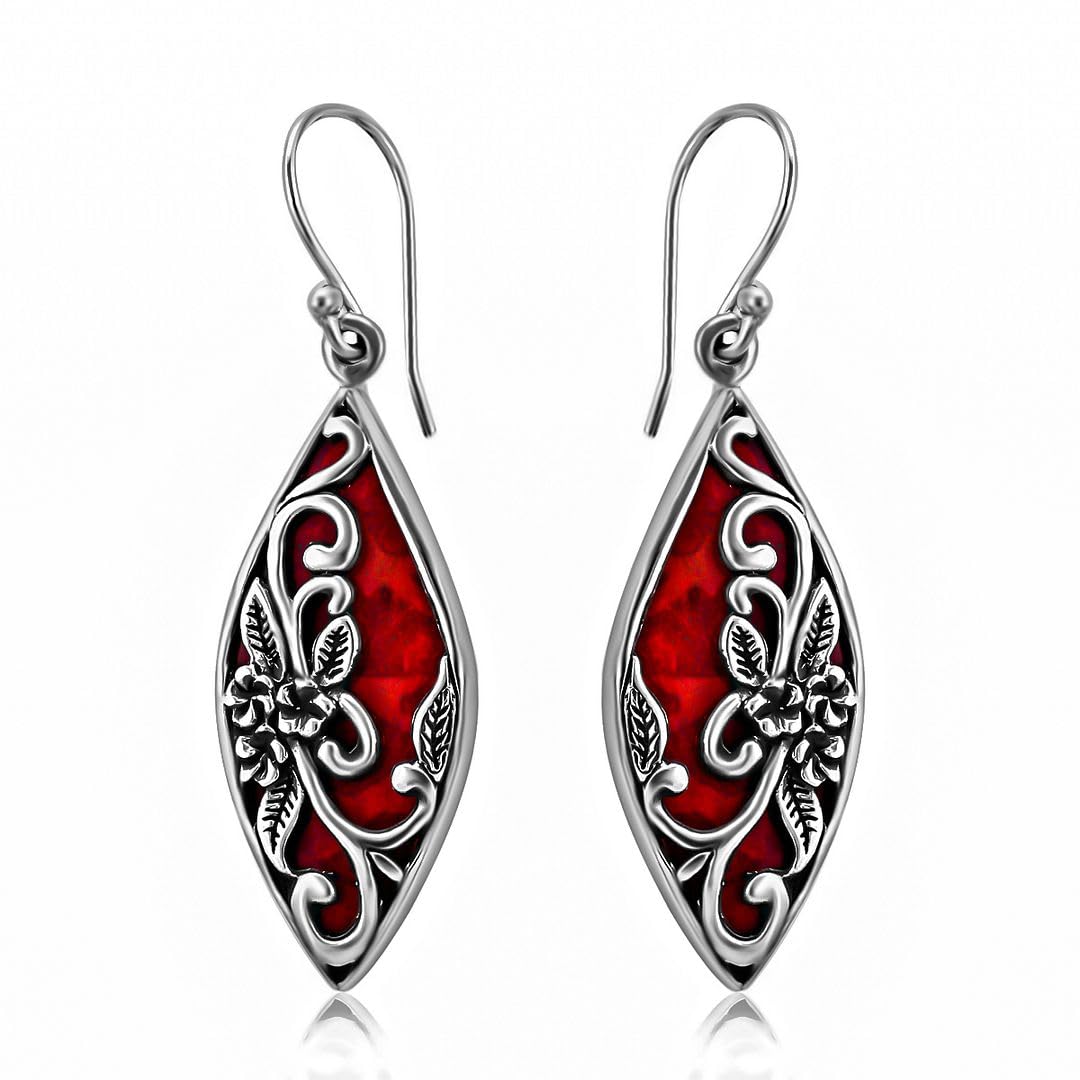 Red Coral Fun Earrings for Women Dangling in 925 Sterling Silver - Drop Earrings Handmade Birthstone Vintage Boho Jewelry Birthday Gifts