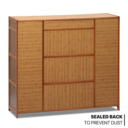 MoNiBloom Rattan Shoe Cabinet with 3 Drawers Rattan Pattern Free Standing Shoe, Shelf Storage Rack with Flip Doors & Drawer for 28-32 Pairs for Living Room, Entryway and Hallway, Brown