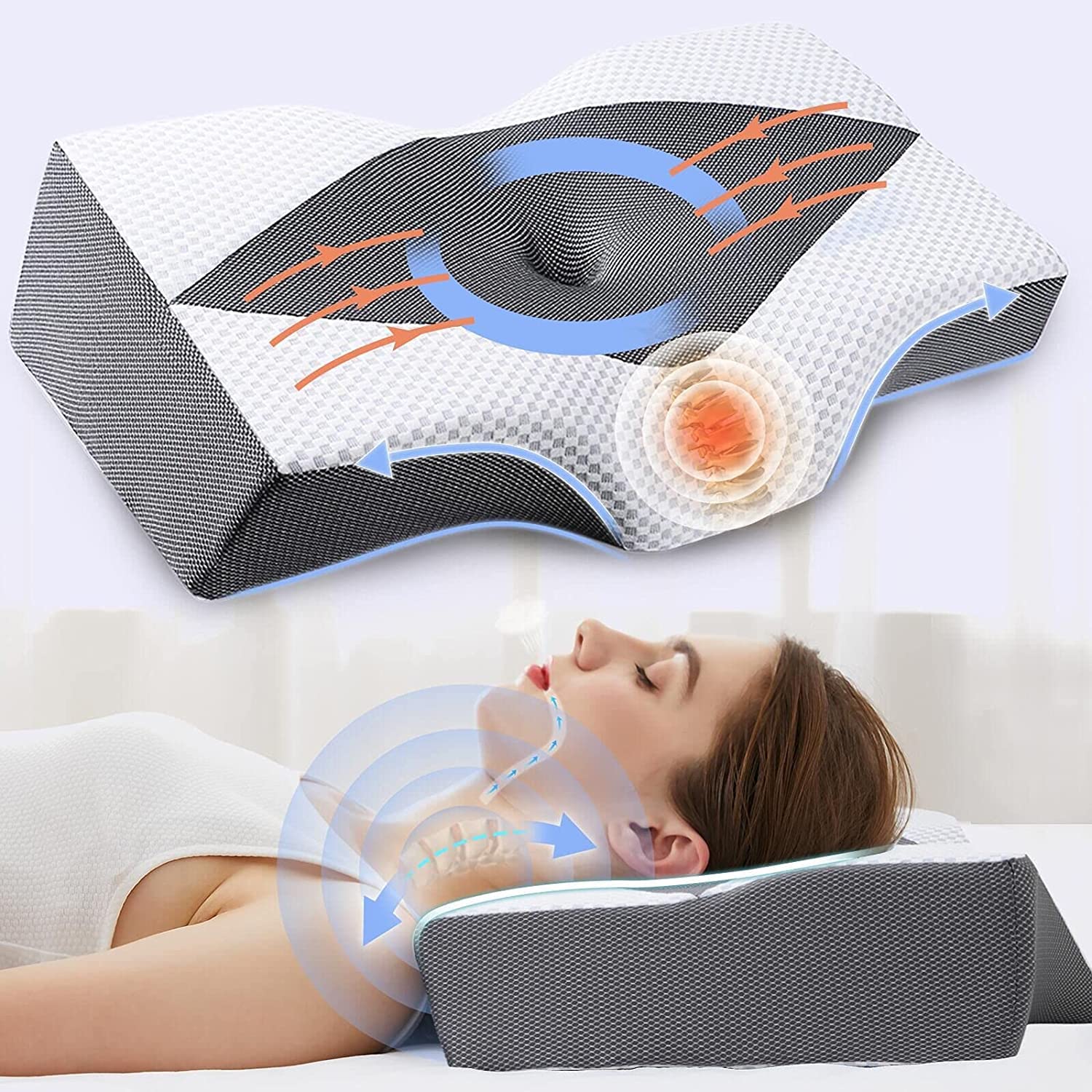 Cervical Neck Pillow for Neck Pain, IKSTAR Memory Foam Neck Pillow for Sleeping, 2 in 1 Ergonomic Pillow for Neck Shoulder Pain Relief, Orthopedic Pillow for Side, Back, Stomach Sleepers [U.S .Patent]