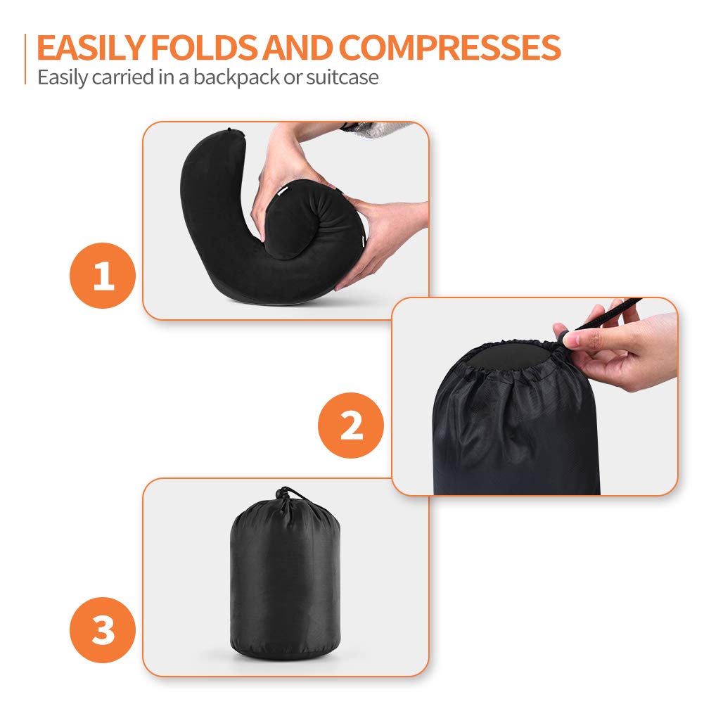 Emgthe Travel Pillow 100% Memory Foam Pillow, Neck Pillow for Airplane, Neck & Head Support Pillow for Sleeping Rest & Car, Travel Pillows Kit with Storage Bag, Sleep Mask and Earplugs Black