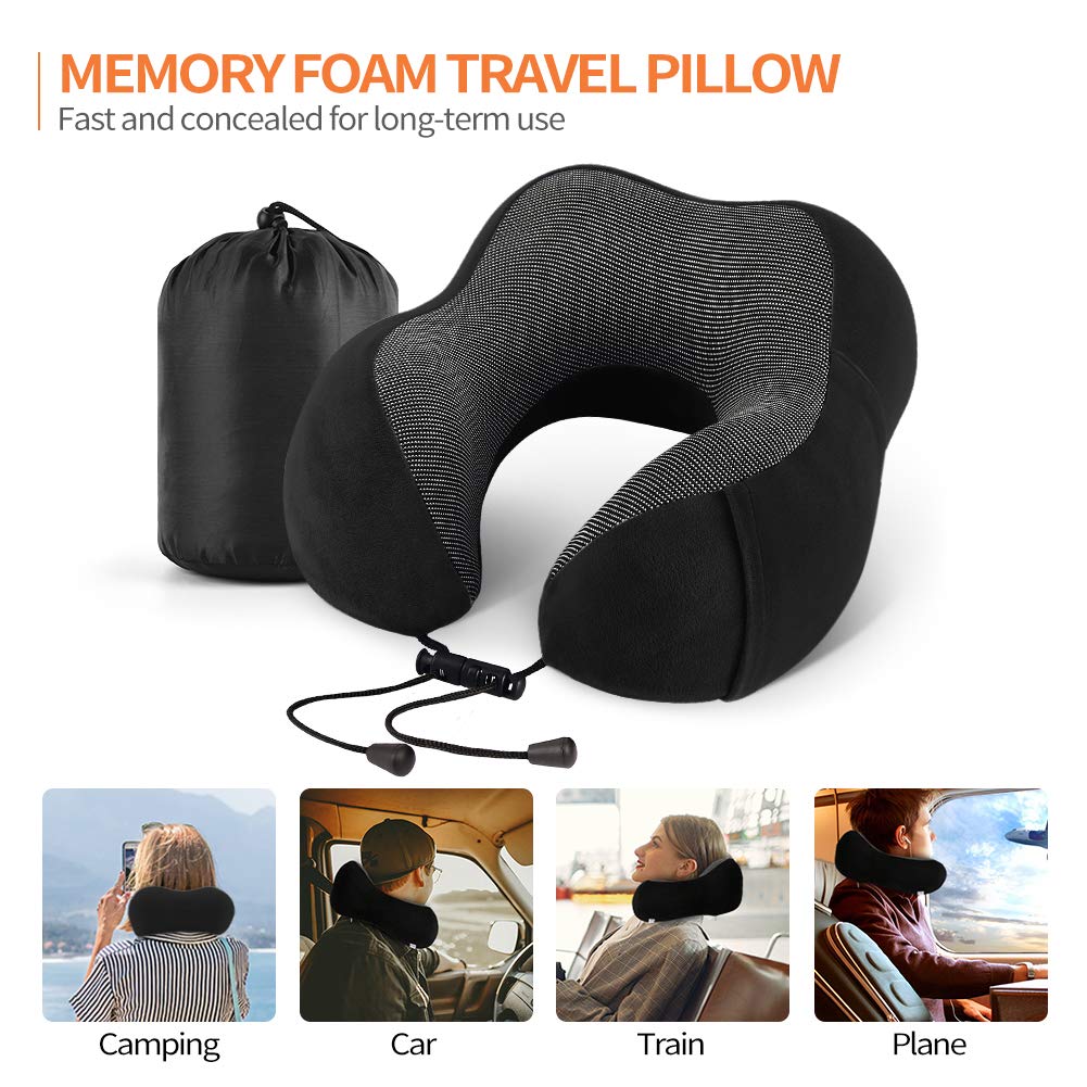 Emgthe Travel Pillow 100% Memory Foam Pillow, Neck Pillow for Airplane, Neck & Head Support Pillow for Sleeping Rest & Car, Travel Pillows Kit with Storage Bag, Sleep Mask and Earplugs Black