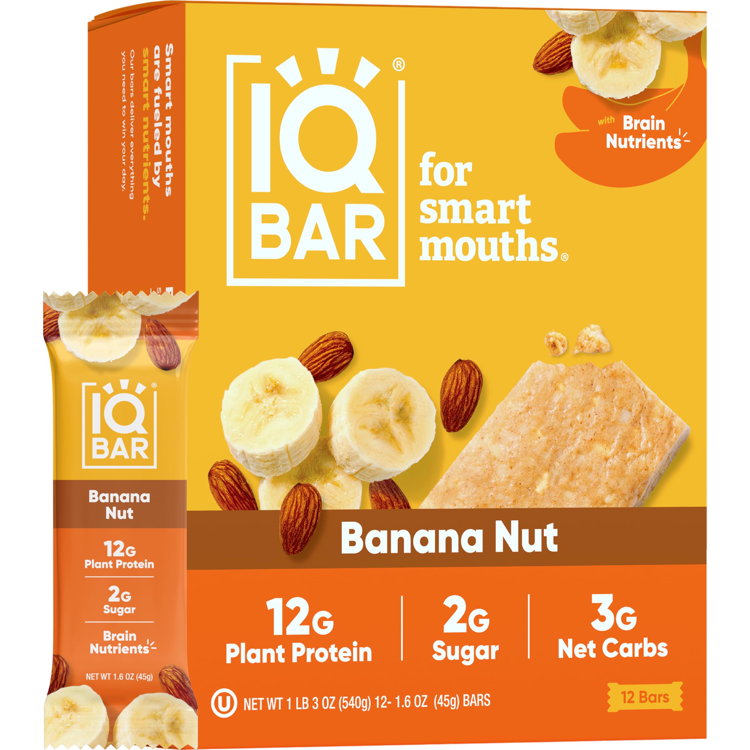IQBAR Brain and Body Plant Protein Bars - Banana Nut - 12-Count Low Carb - Gluten Free, High Fiber, Vegan Snacks - Low Sugar Meal Replacement