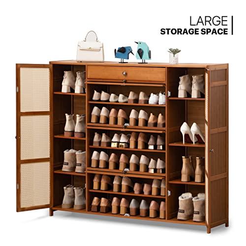 MoNiBloom Rattan Shoe Cabinet with 3 Drawers Rattan Pattern Free Standing Shoe, Shelf Storage Rack with Flip Doors & Drawer for 28-32 Pairs for Living Room, Entryway and Hallway, Brown