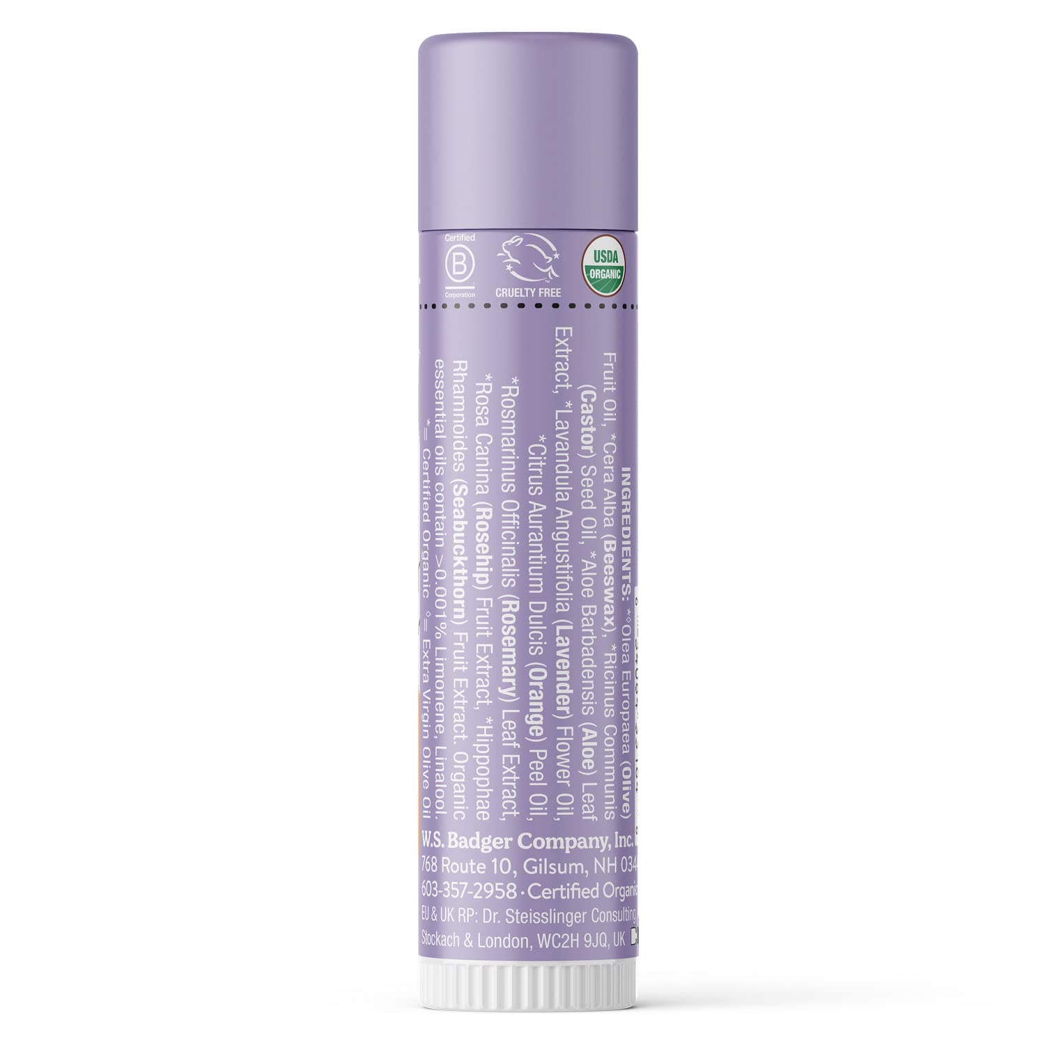Badger Lavender Orange Classic Lip Balm, 100% Organic Lip Balm, Long Lasting Lip Care w/Light Silky Texture, Uplifting Orange & Calming Lavender Lip Balm, 4 Pack