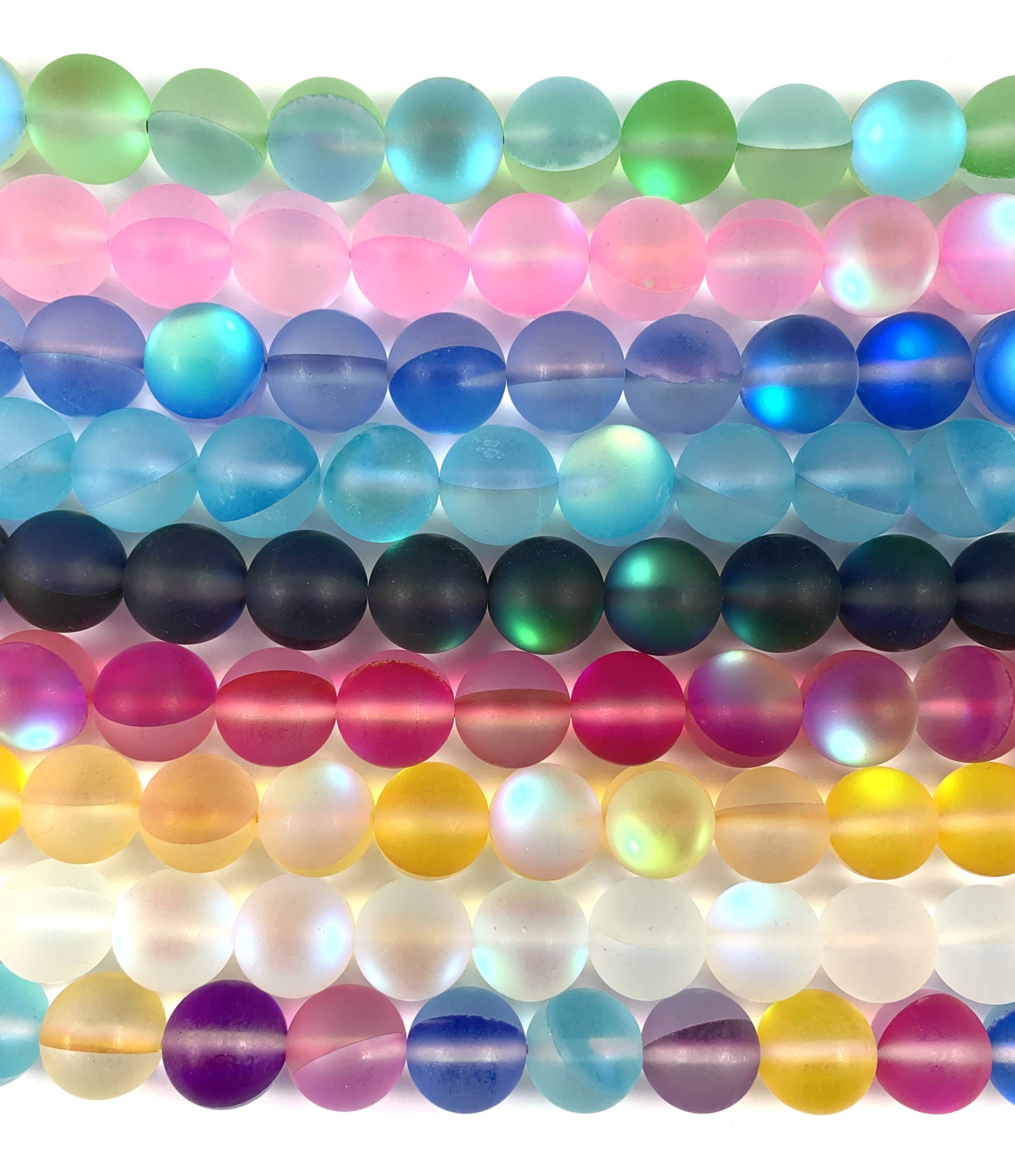 Beadalgo - Frosted Aura Crystal Mermaid Glass Beads 6mm, 8mm, 10mm, 12mm - 15 inch Strand (Rainbow, 10 mm)