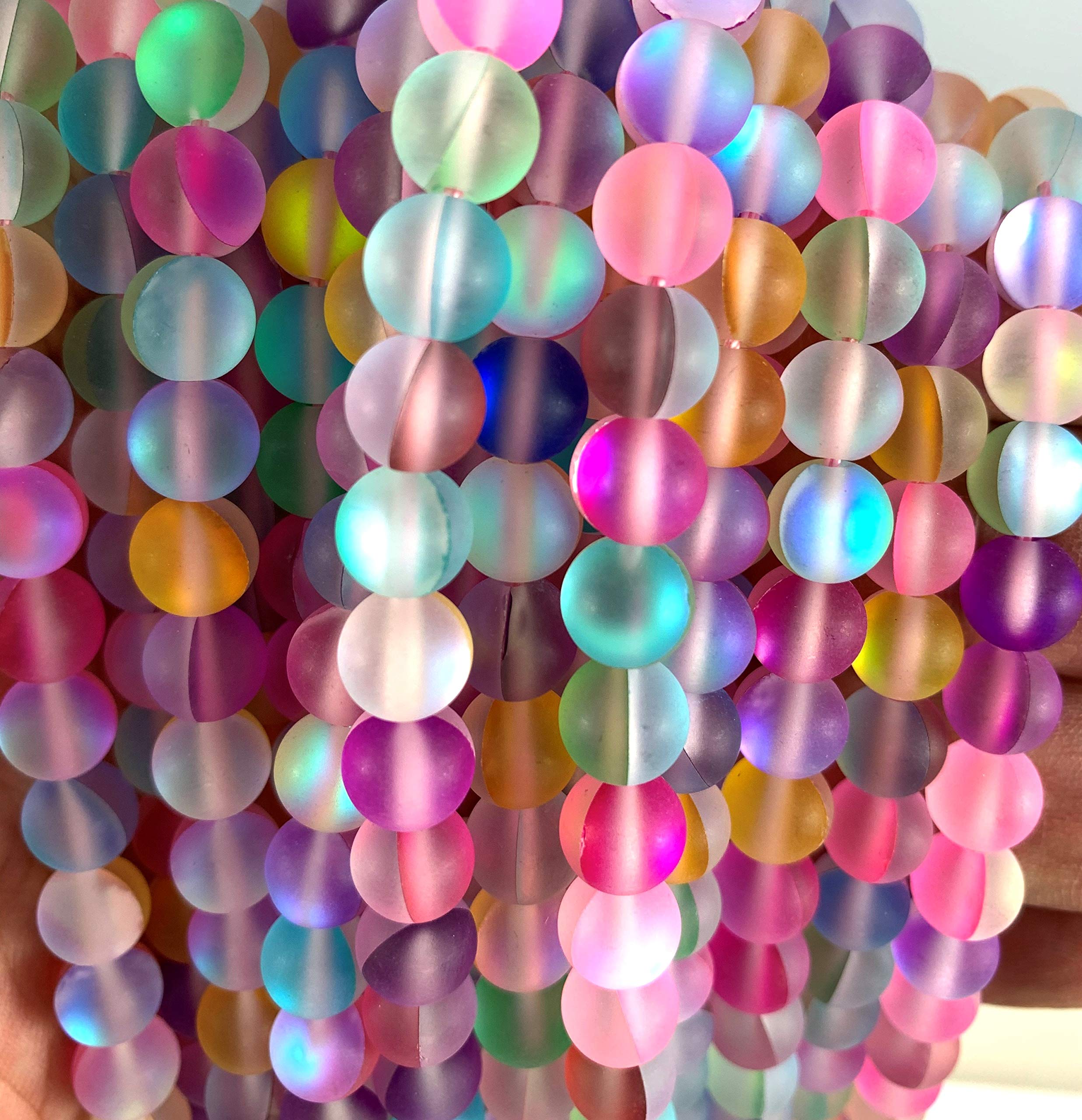 Beadalgo - Frosted Aura Crystal Mermaid Glass Beads 6mm, 8mm, 10mm, 12mm - 15 inch Strand (Rainbow, 10 mm)