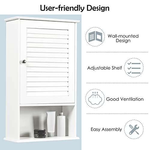 Tangkula Medicine Cabinet, Wall Mounted Bathroom Cabinet Single Door Wooden Bathroom Wall Cabinet with Adjustable Shelf