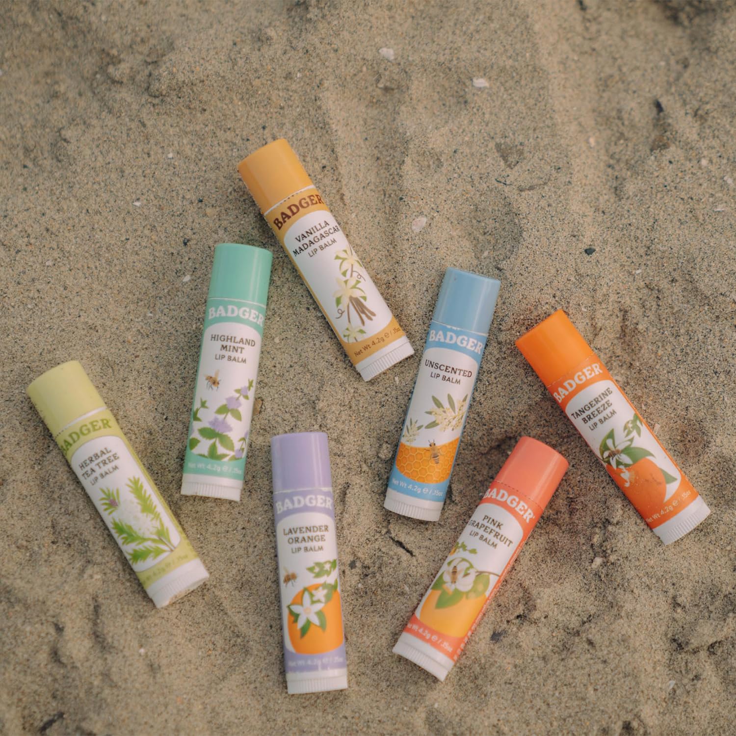 Badger Lavender Orange Classic Lip Balm, 100% Organic Lip Balm, Long Lasting Lip Care w/Light Silky Texture, Uplifting Orange & Calming Lavender Lip Balm, 4 Pack