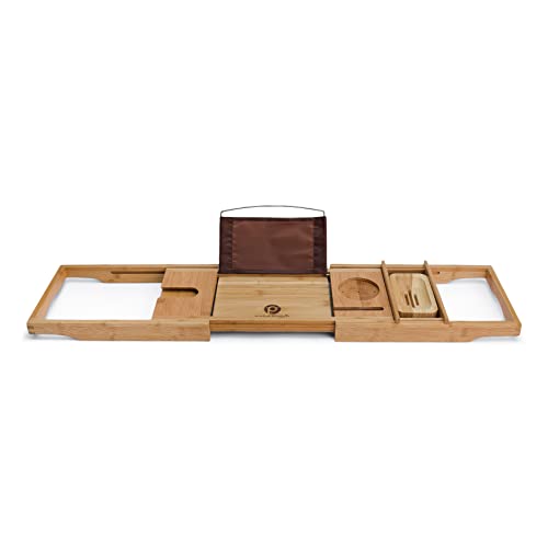 Bamboo Bathtub Caddy Tray for Tub- Expandable Bath Tray - Adjustable Organizer Tray for Bathroom for Luxury Spa - Book Holder, Tablet Smartphone and Wine Holder (Natural) by Pristine Bamboo