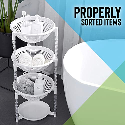 Uncluttered Designs Stacking Basket Bins (3 Tier + Plate) β Display for Fruit, Potato, Onion & Produce β Crafts, Art Supplies & Housewares Organizer β Bedroom & Bathroom Organization & Storage (White)