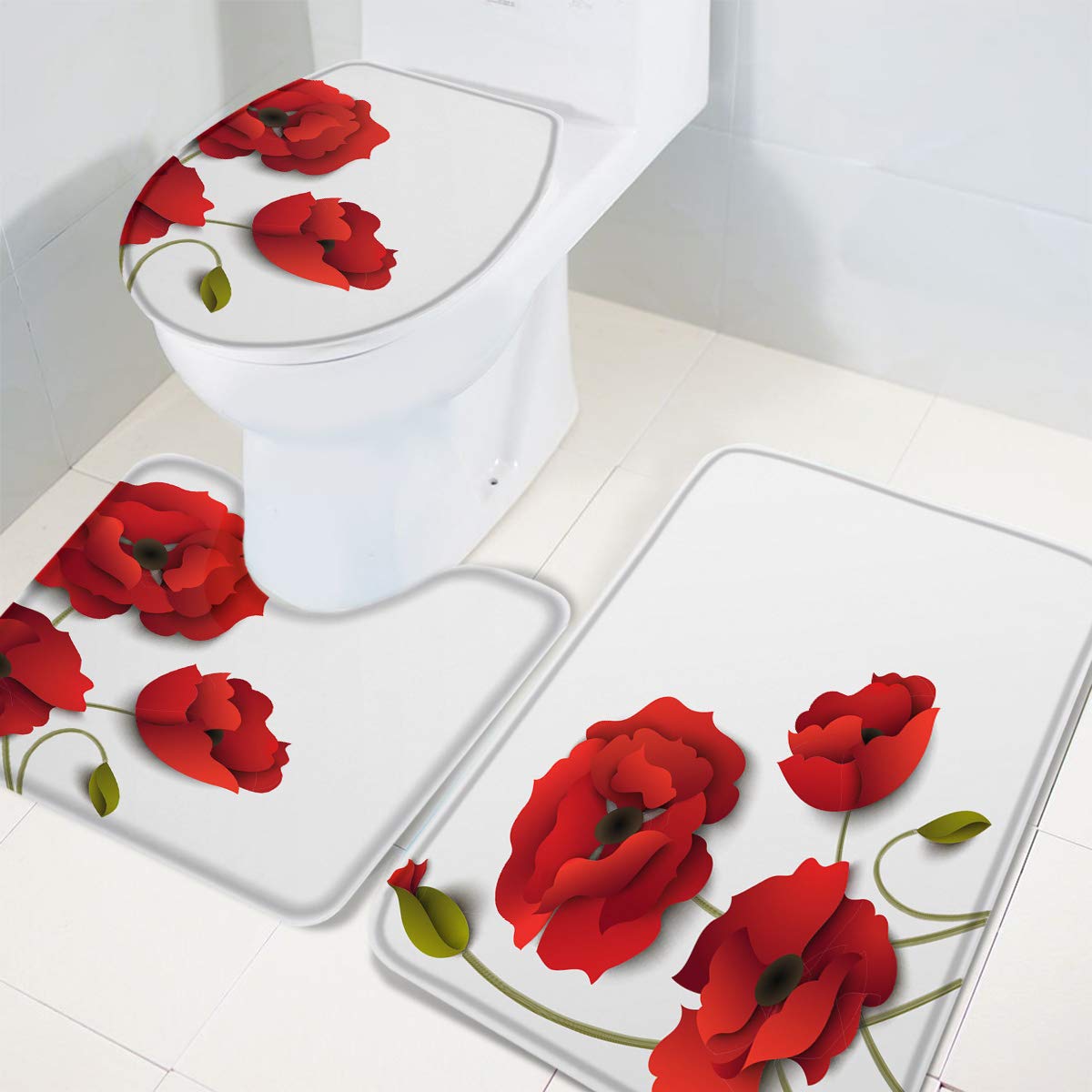 EZON-CH 3pcs Bath Rug Set Memory Foam Non-Slip Bathroom Rug Contour,Mat and Toilet Lid Cover,Red Poppy Flower Pattern Bathroom Rugs,18"x30"+14"x18"+15"x18"