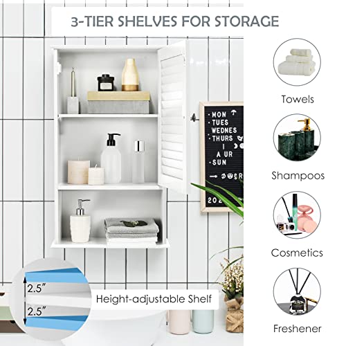 Tangkula Medicine Cabinet, Wall Mounted Bathroom Cabinet Single Door Wooden Bathroom Wall Cabinet with Adjustable Shelf