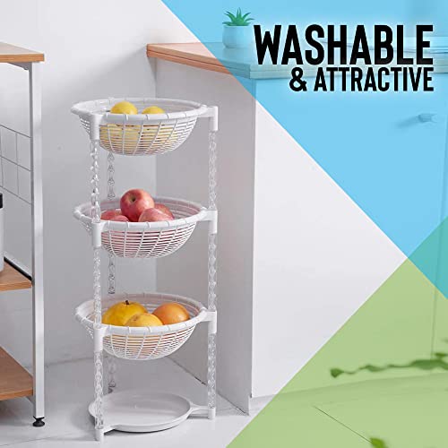 Uncluttered Designs Stacking Basket Bins (3 Tier + Plate) β Display for Fruit, Potato, Onion & Produce β Crafts, Art Supplies & Housewares Organizer β Bedroom & Bathroom Organization & Storage (White)