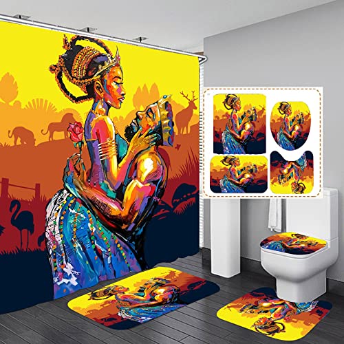 4PCS Black Girl Shower Curtains Sets,Bathroom Sets with Shower Curtain and Rugs,Colorful Bathroom Decoration Set,Bathroom Sets with Shower Curtain and Rugs and Accessories