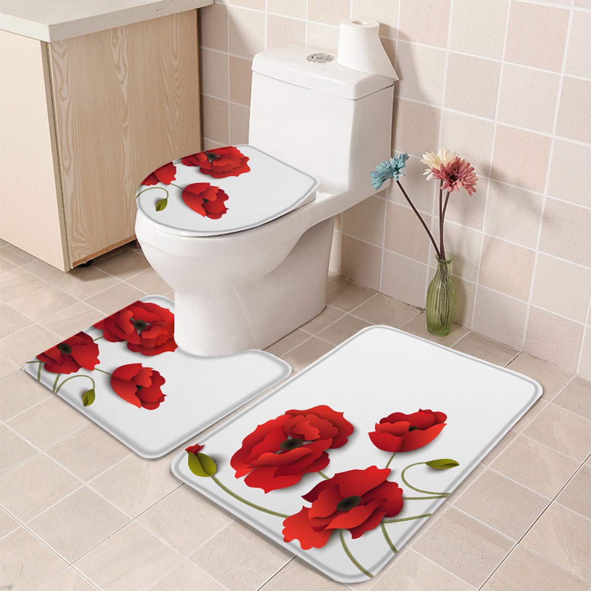 EZON-CH 3pcs Bath Rug Set Memory Foam Non-Slip Bathroom Rug Contour,Mat and Toilet Lid Cover,Red Poppy Flower Pattern Bathroom Rugs,18"x30"+14"x18"+15"x18"