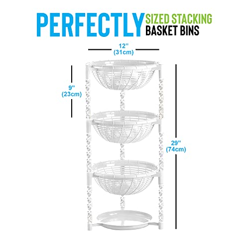 Uncluttered Designs Stacking Basket Bins (3 Tier + Plate) β Display for Fruit, Potato, Onion & Produce β Crafts, Art Supplies & Housewares Organizer β Bedroom & Bathroom Organization & Storage (White)