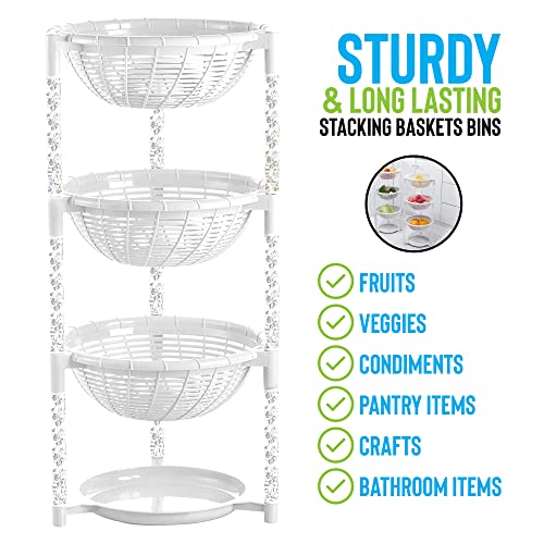 Uncluttered Designs Stacking Basket Bins (3 Tier + Plate) β Display for Fruit, Potato, Onion & Produce β Crafts, Art Supplies & Housewares Organizer β Bedroom & Bathroom Organization & Storage (White)